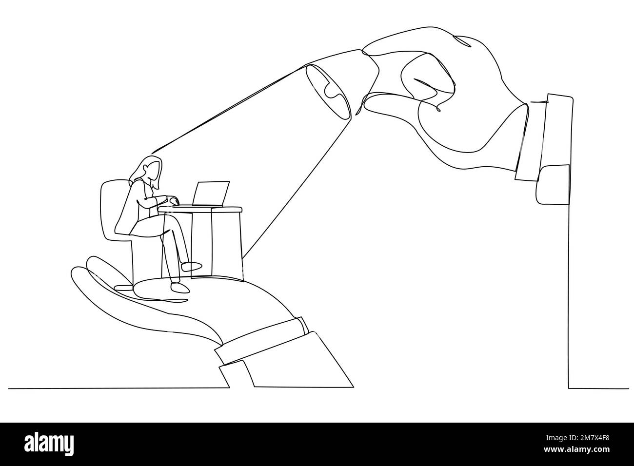 Drawing of big hands holding businesswoman and lighting on the top ...