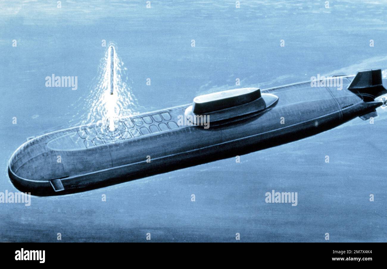 An artist's concept of a Soviet strategic ballistic missile submarine ...