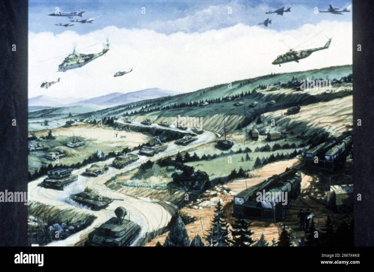 An artist's concept of Soviet ground and air military attack equipment ...