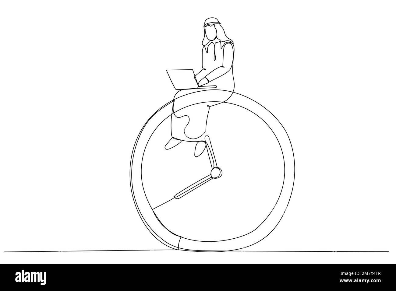 Drawing of arab businessman using computer laptop sitting on clock ...