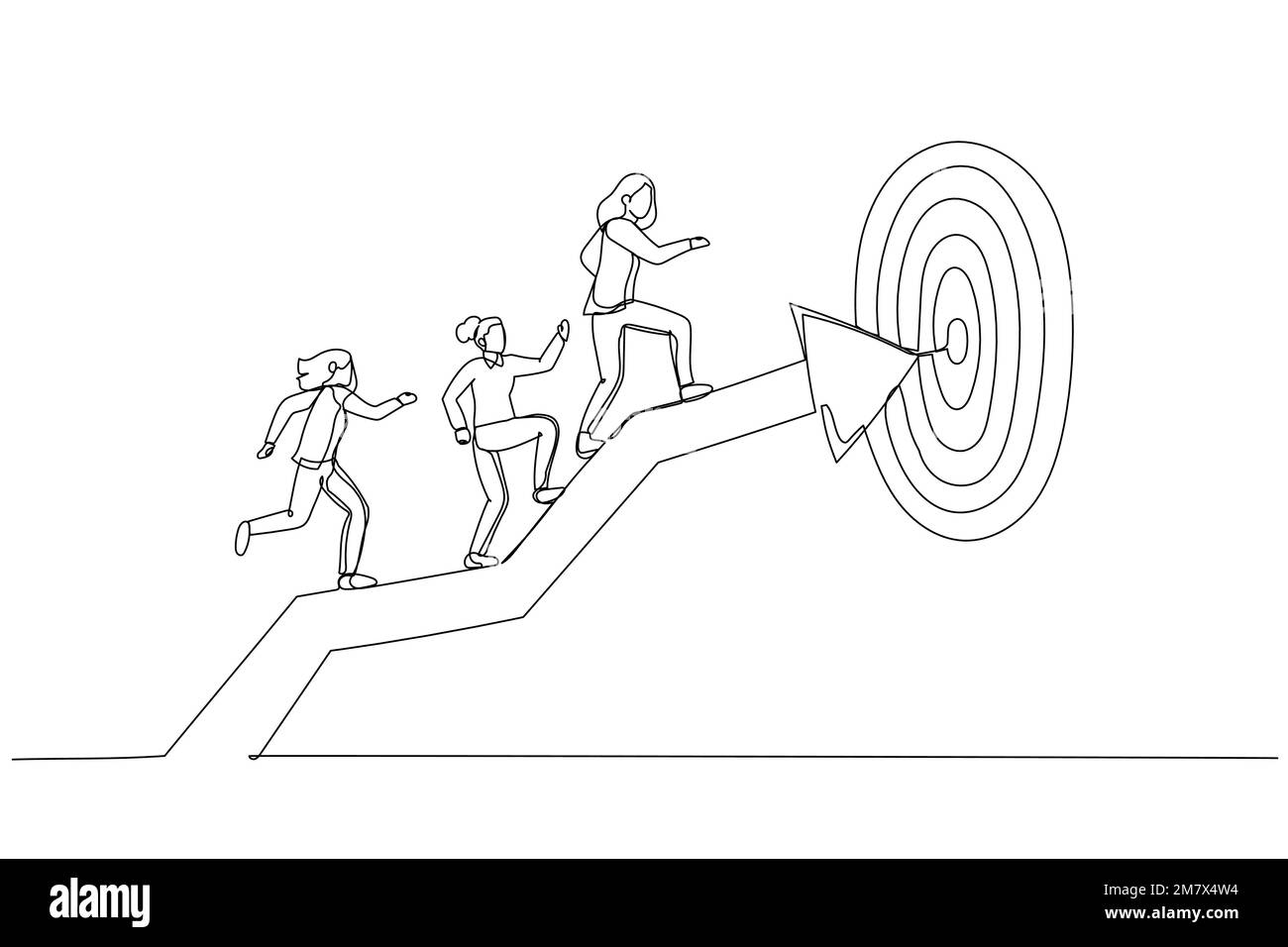 Cartoon of business woman coworkers walking up arrow to reach target ...