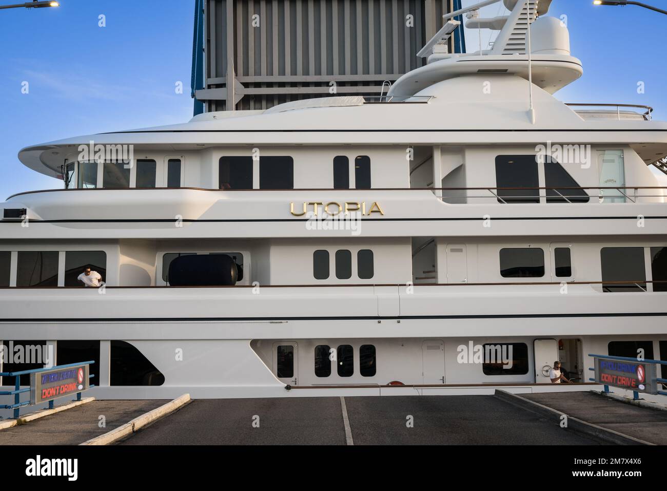 Simpson Bay, Sint Marten - January 2023: Superyachts creep through the ...