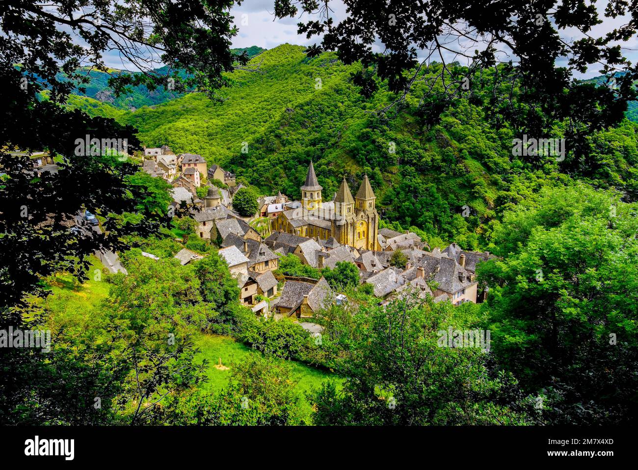 Elevated view of Conques village and abbey-church of Sainte-Foy the ...