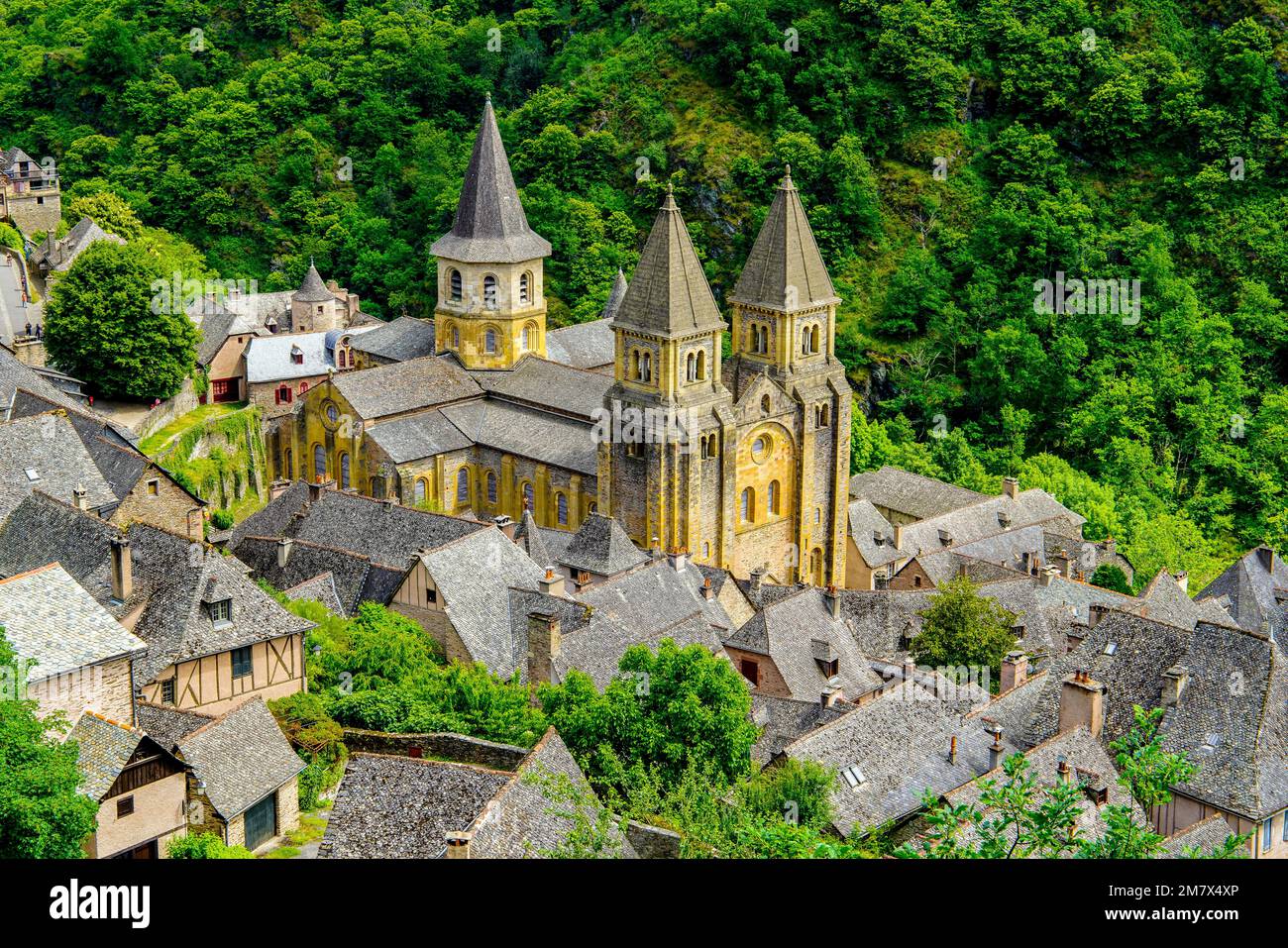 Elevated view of Conques village and abbey-church of Sainte-Foy the ...