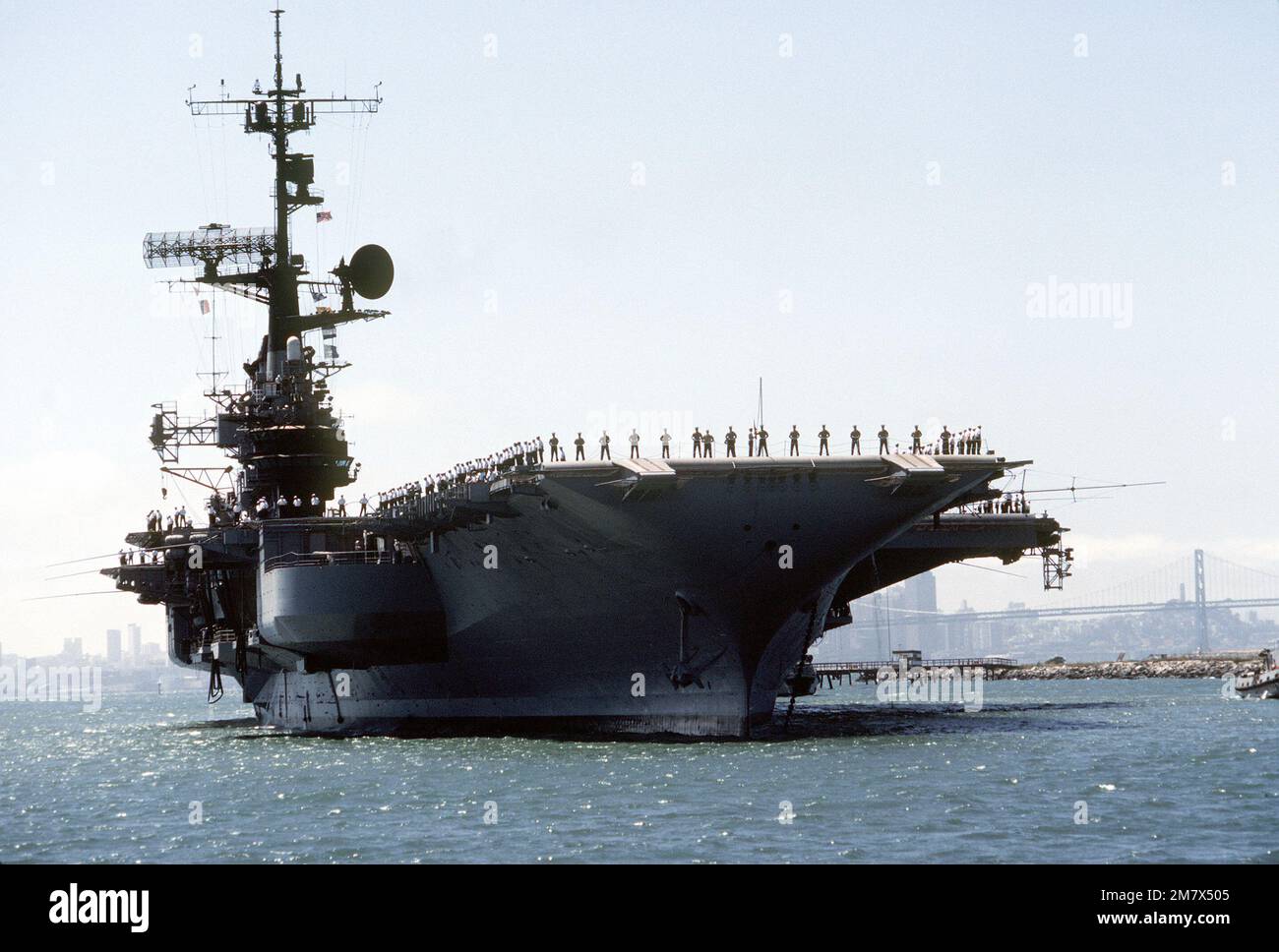 Starboard bow view of the aircraft carrier USS CORAL SEA (CV-43), with ...