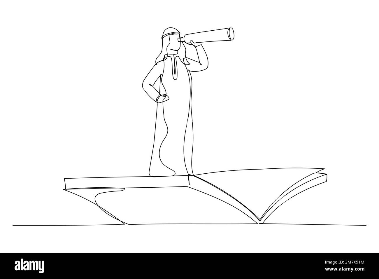 Drawing of arab businessman using telescope on flying book. Knowledge ... Drawing of arab businessman using telescope on flying book. Knowledge ...