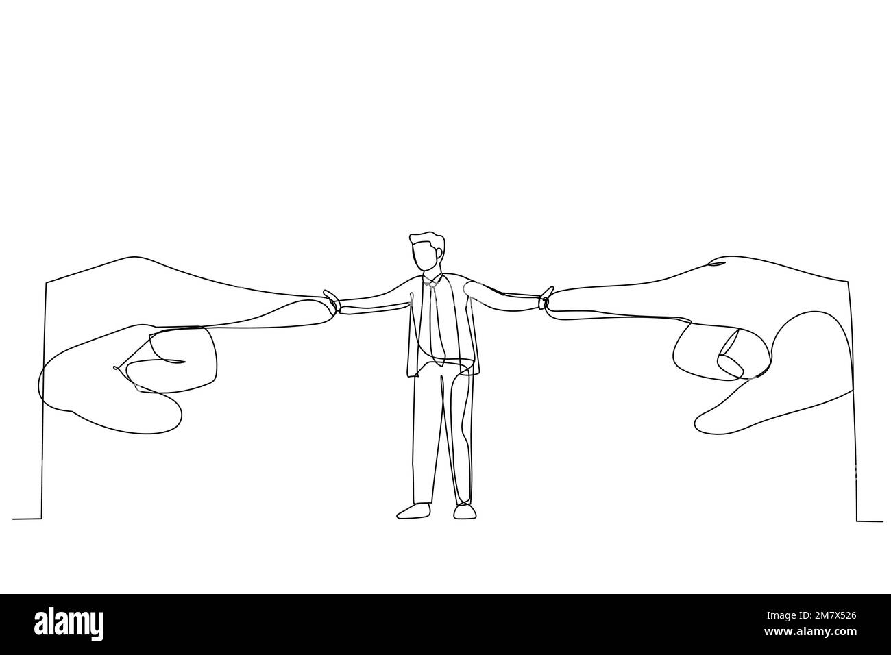 Drawing of businessman resisting pressure from two pointing giant hand ...
