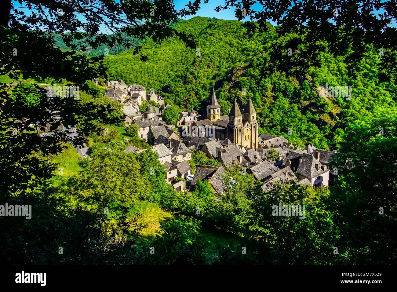 Elevated view of Conques village and abbey-church of Sainte-Foy the ...