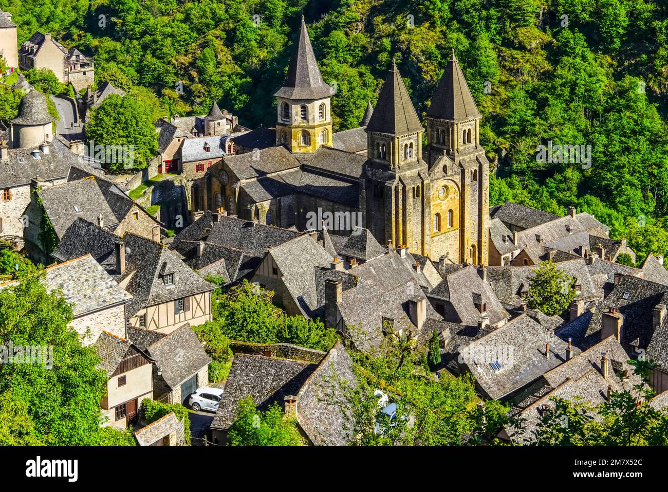 Elevated view of Conques village and abbey-church of Sainte-Foy the ...
