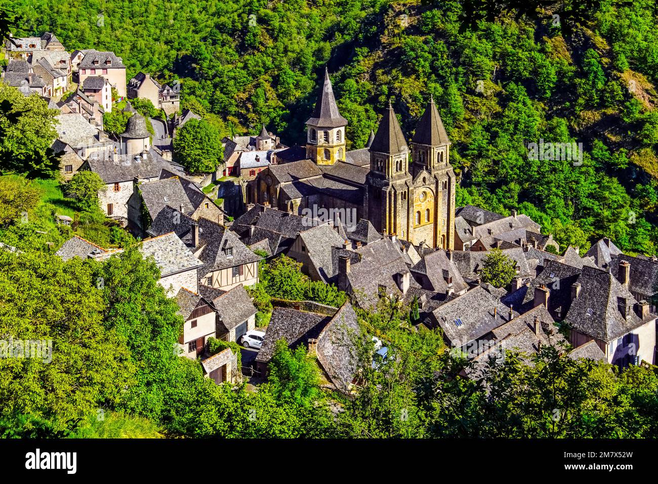 Elevated view of Conques village and abbey-church of Sainte-Foy the ...