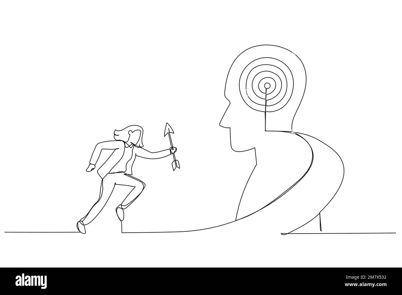 Drawing Of Businesswoman Hold Arrow Running Up Stairway To The Target