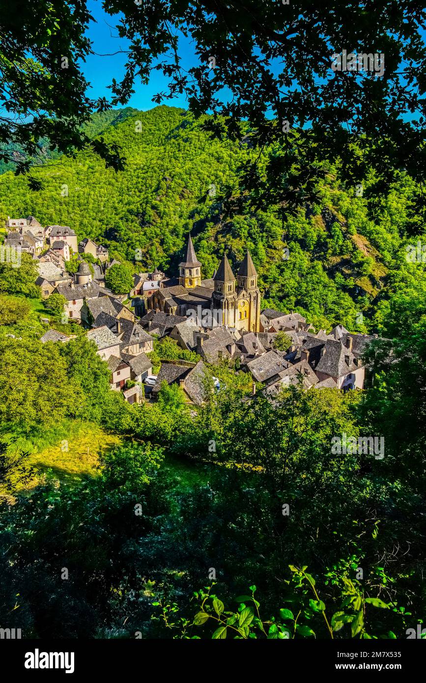 Elevated view of Conques village and abbey-church of Sainte-Foy the ...