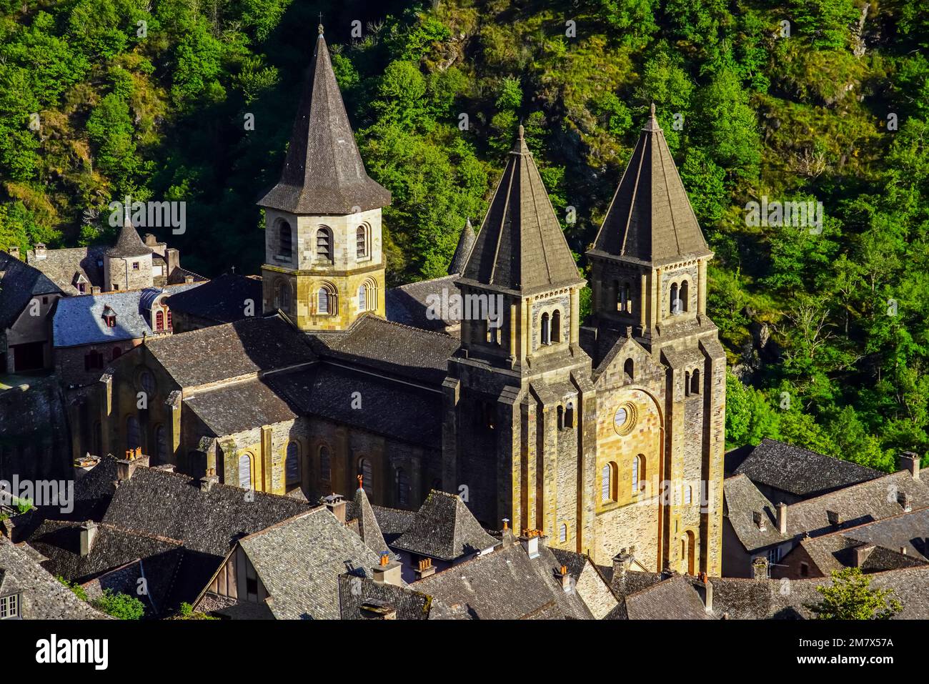 Elevated view of Conques village and abbey-church of Sainte-Foy the ...