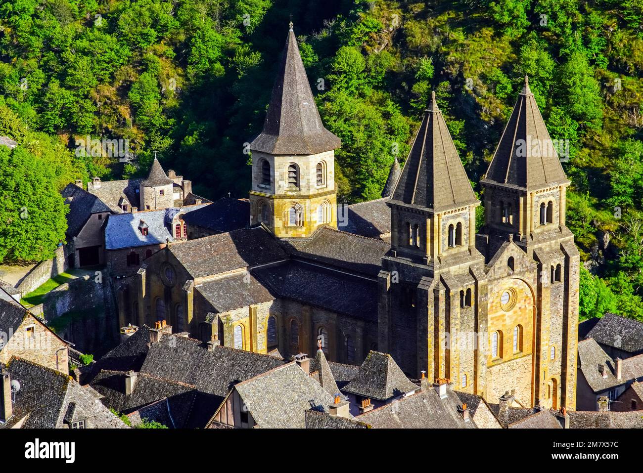 Elevated view of Conques village and abbey-church of Sainte-Foy the ...