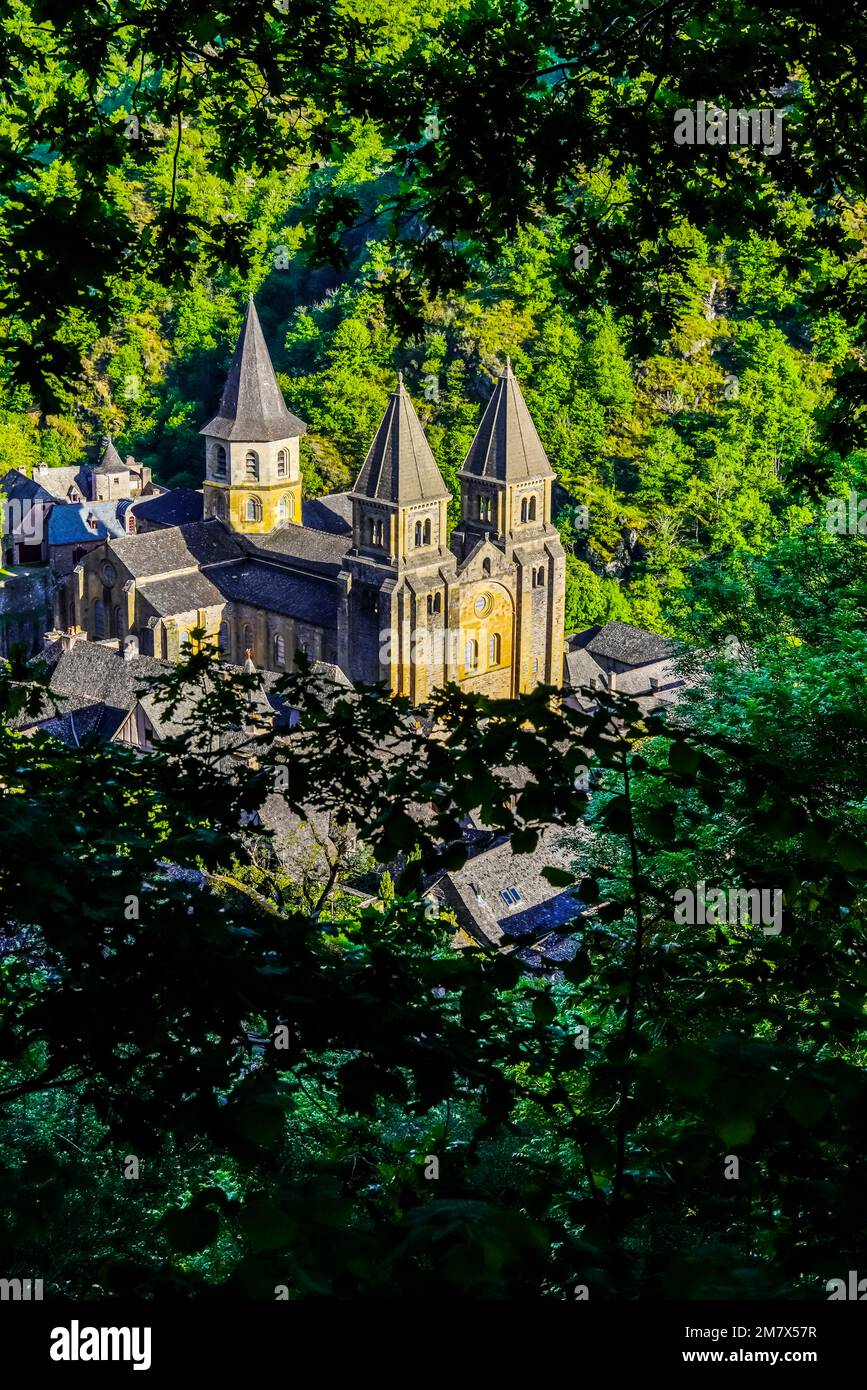 Elevated view of Conques village and abbey-church of Sainte-Foy the ...