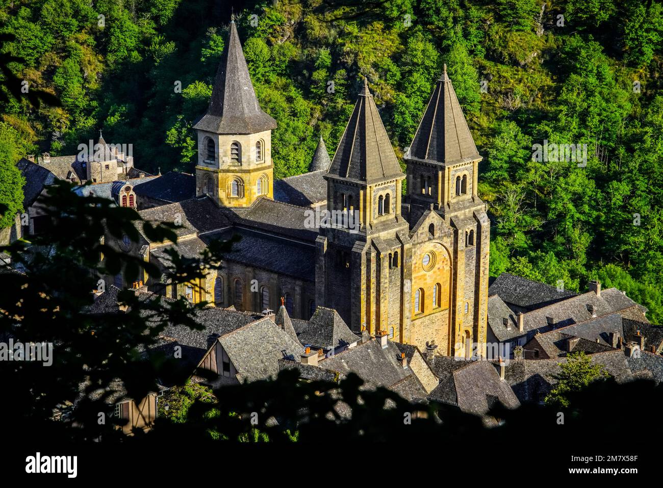 Elevated view of Conques village and abbey-church of Sainte-Foy the ...