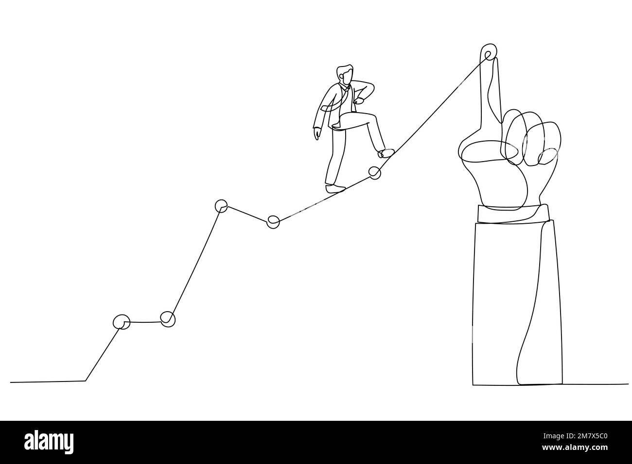 Drawing of businessman running uphill on a line graphic pointed by a ...