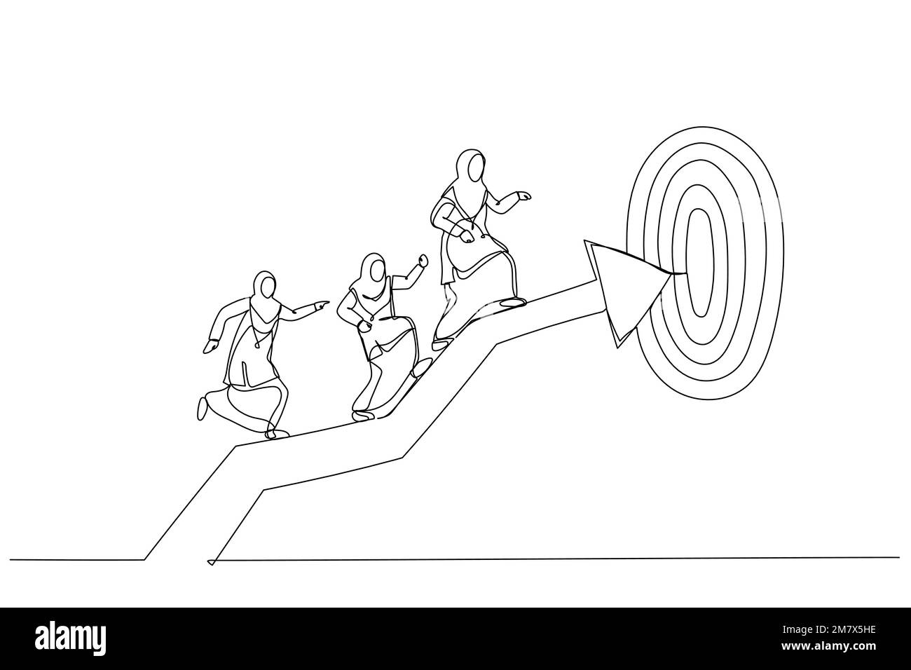 Drawing of muslim business woman coworkers walking up arrow to reach ...