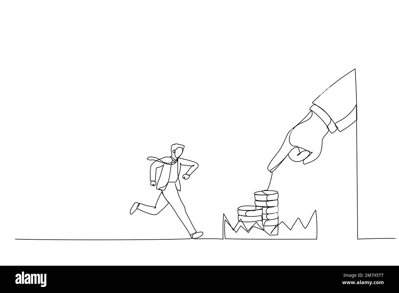 Drawing of businessman running to catch the coin money in the steel ...