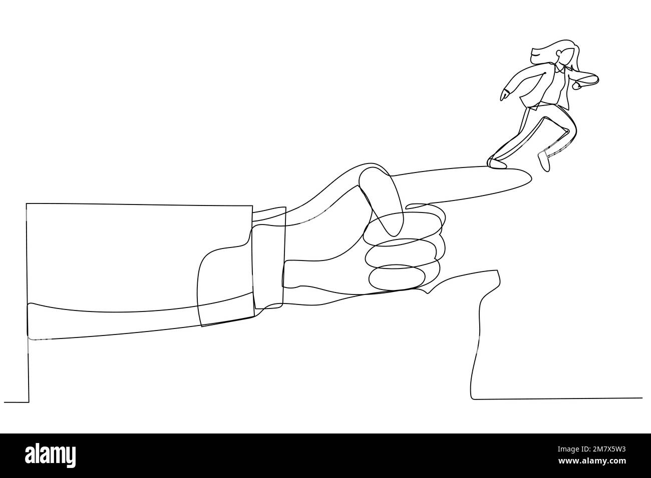 Cartoon of giant hand pointing to the wrong way to a businesswoman. One ...