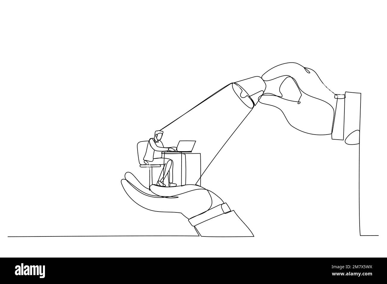 Illustration of big hands holding businessman and lighting on the top ...