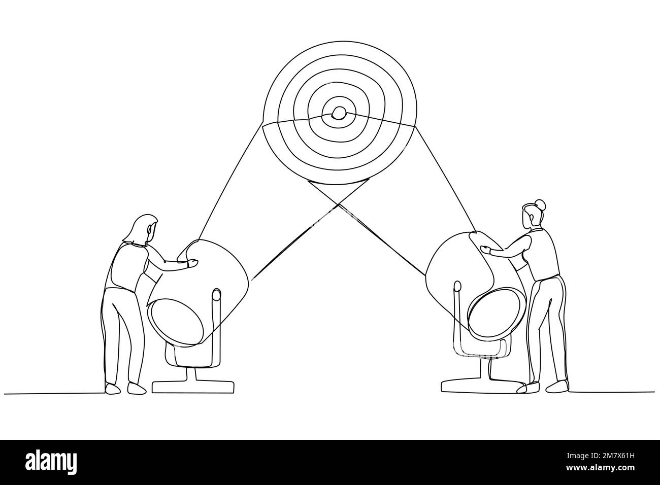 Drawing of businesswoman with team brainstorming success to target ...