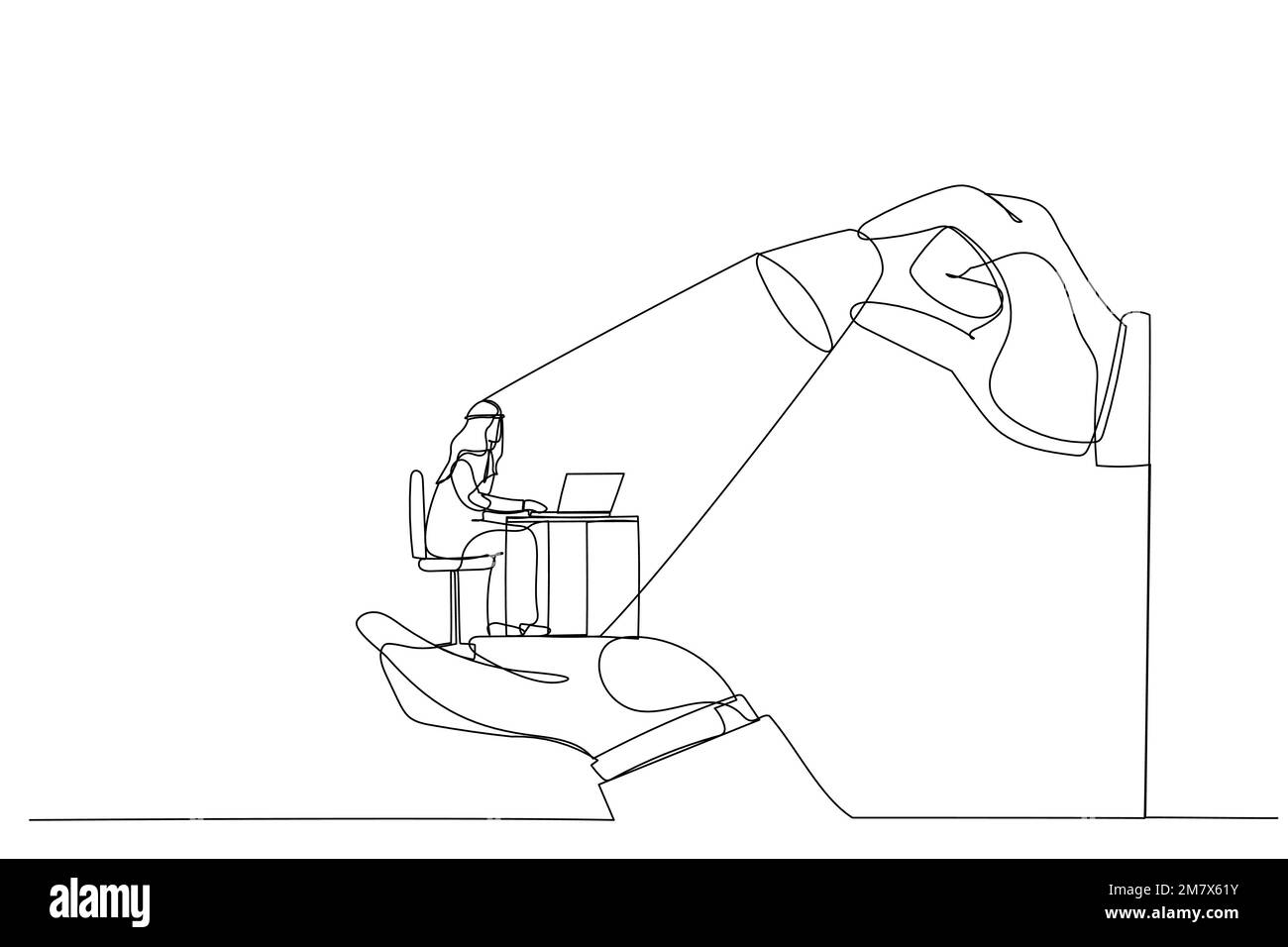 Illustration of big hands holding arab man and lighting on the top ...