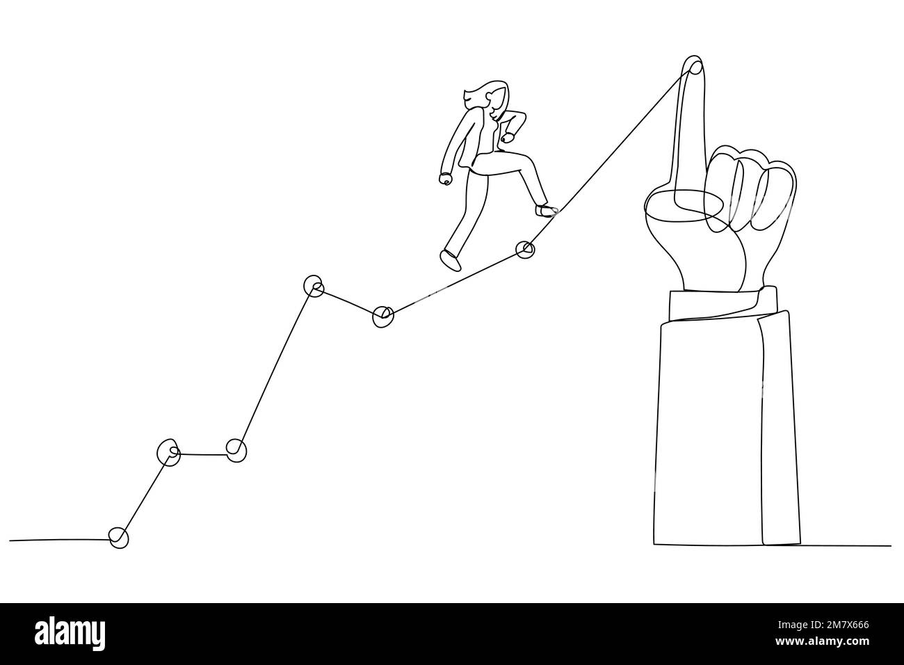Cartoon of businesswoman running uphill on a line graphic pointed by a ...