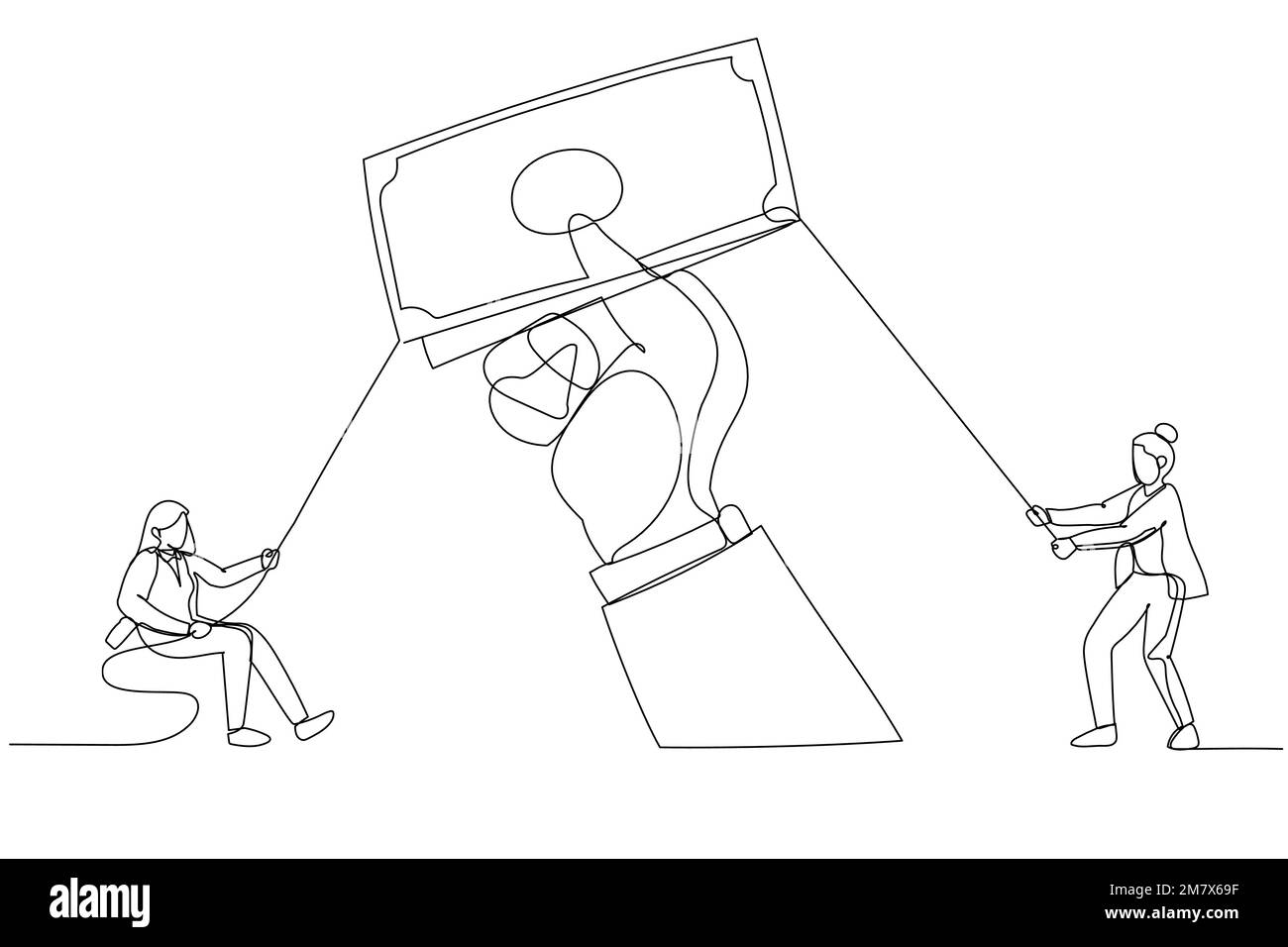 Drawing of businesswoman pull money in the hands of giants. Continuous ...