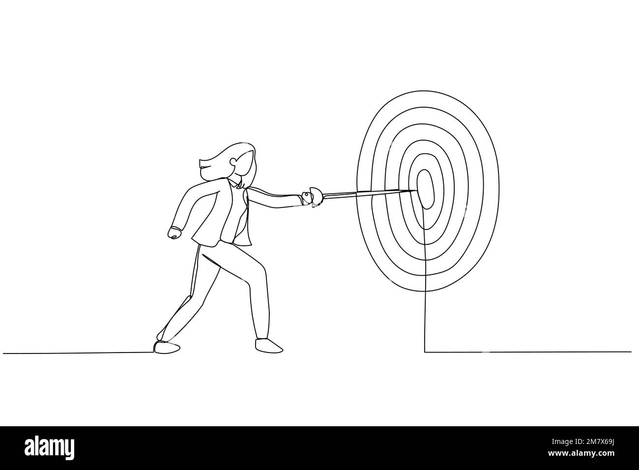 Drawing of businesswoman hit business target. Single continuous line ...