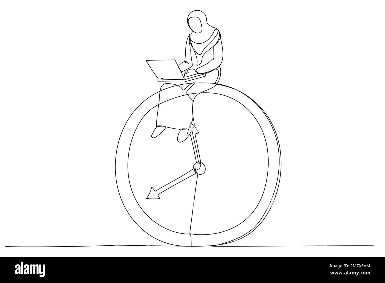 Drawing of muslim businesswoman using computer laptop sitting on clock working. After hours ...