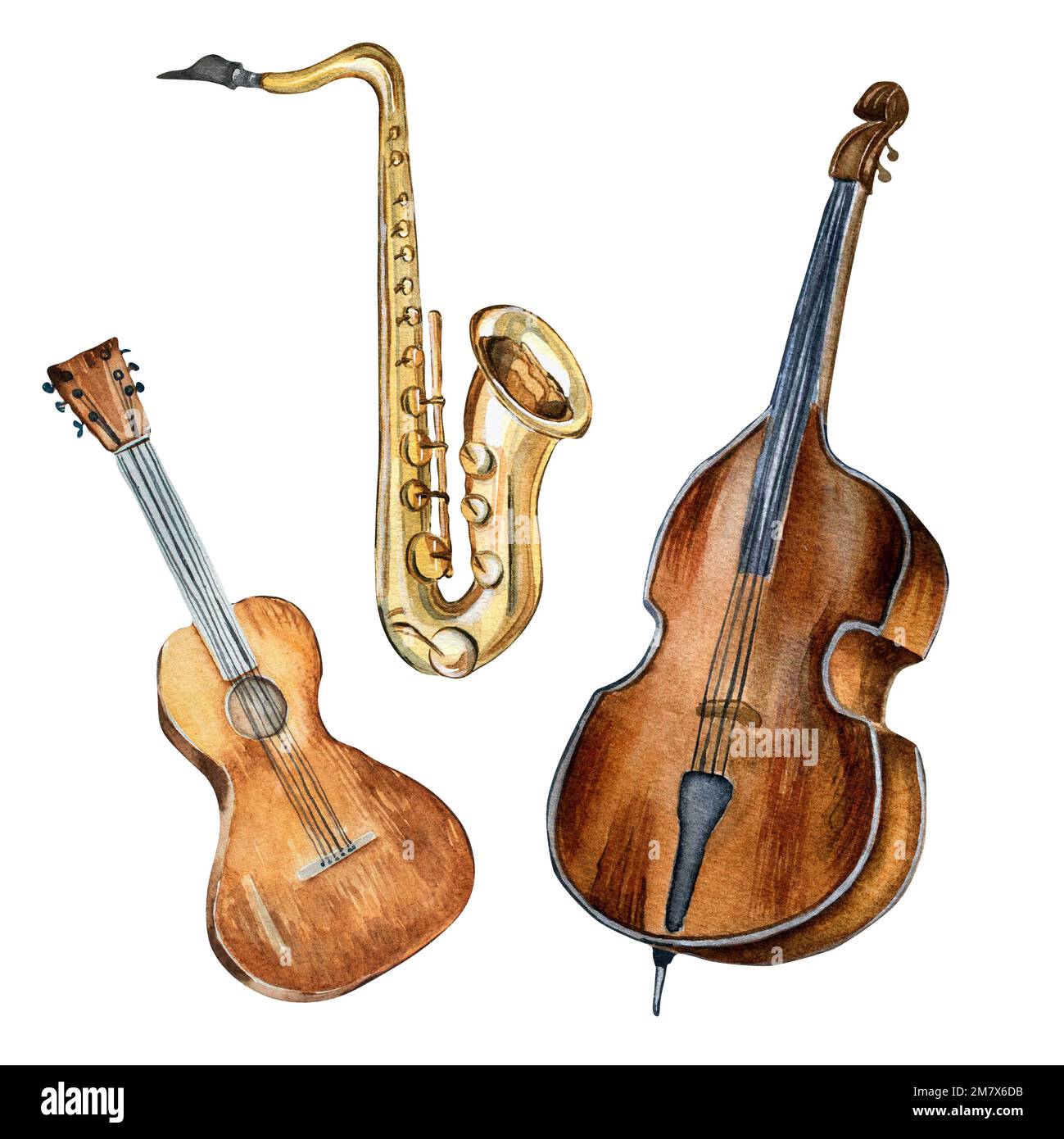 Guitar, saxophone, contrabass musical instruments watercolor ...