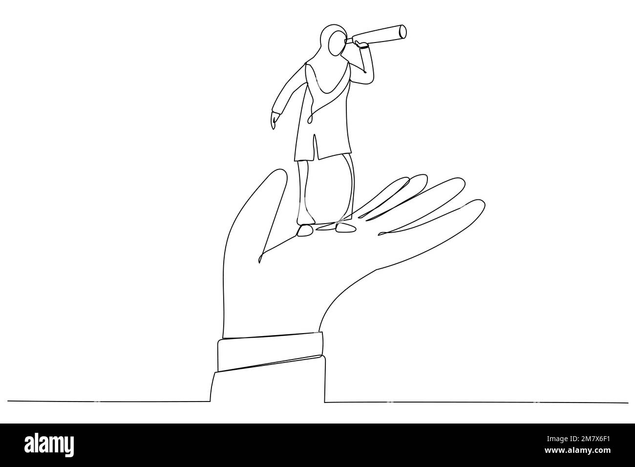 Cartoon of muslim businesswoman stand on support hand look into ...