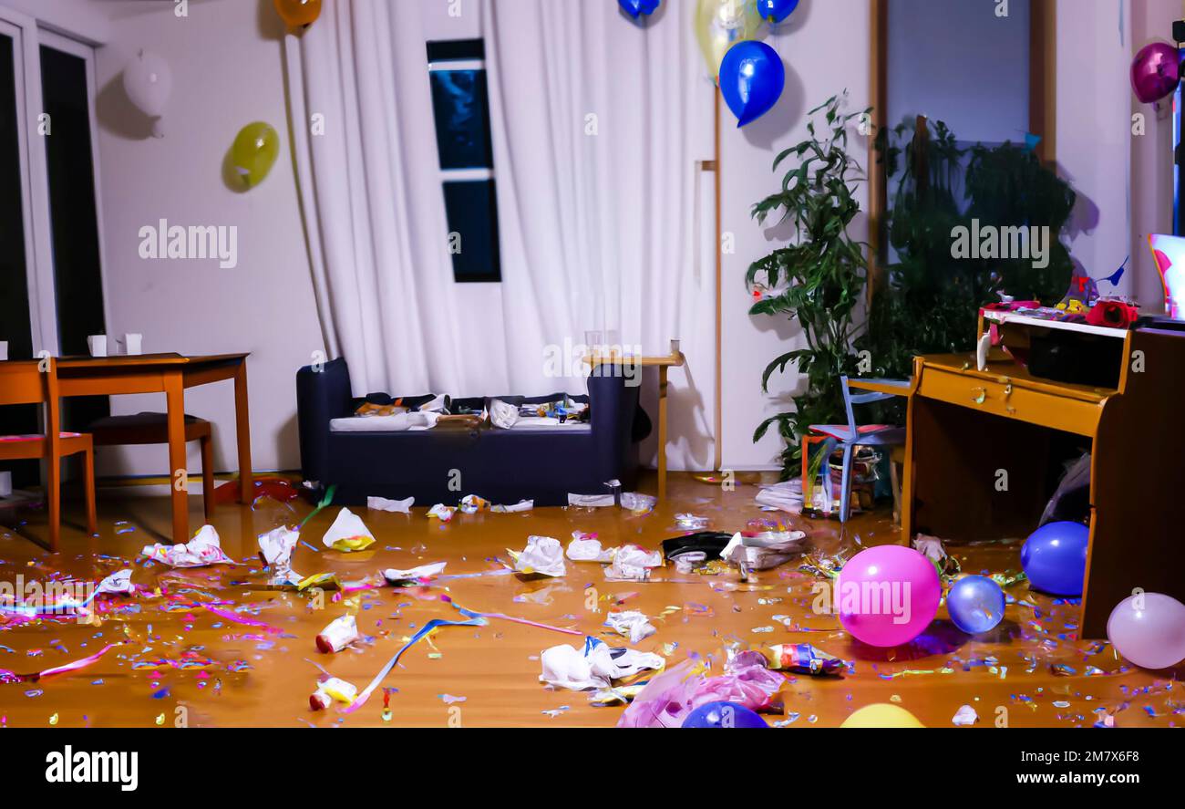 Living room covered in mess, balloons, paper, waste, litter after a ...