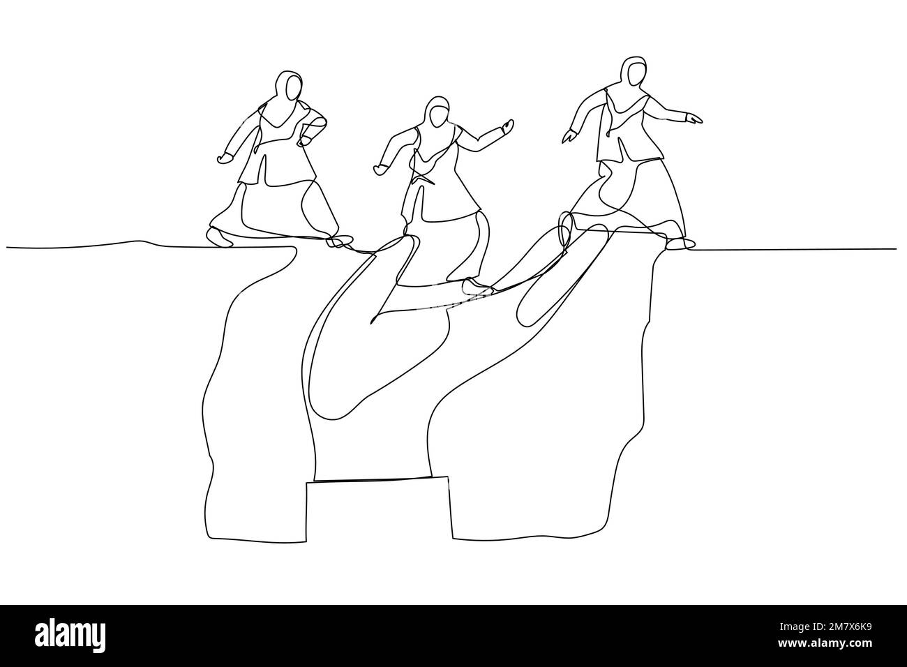 Drawing of giant hand help arab businesswoman cross the problem gap ...