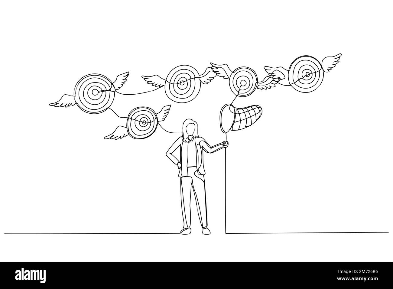 Drawing of businesswoman try to catch flying target. Single continuous ...