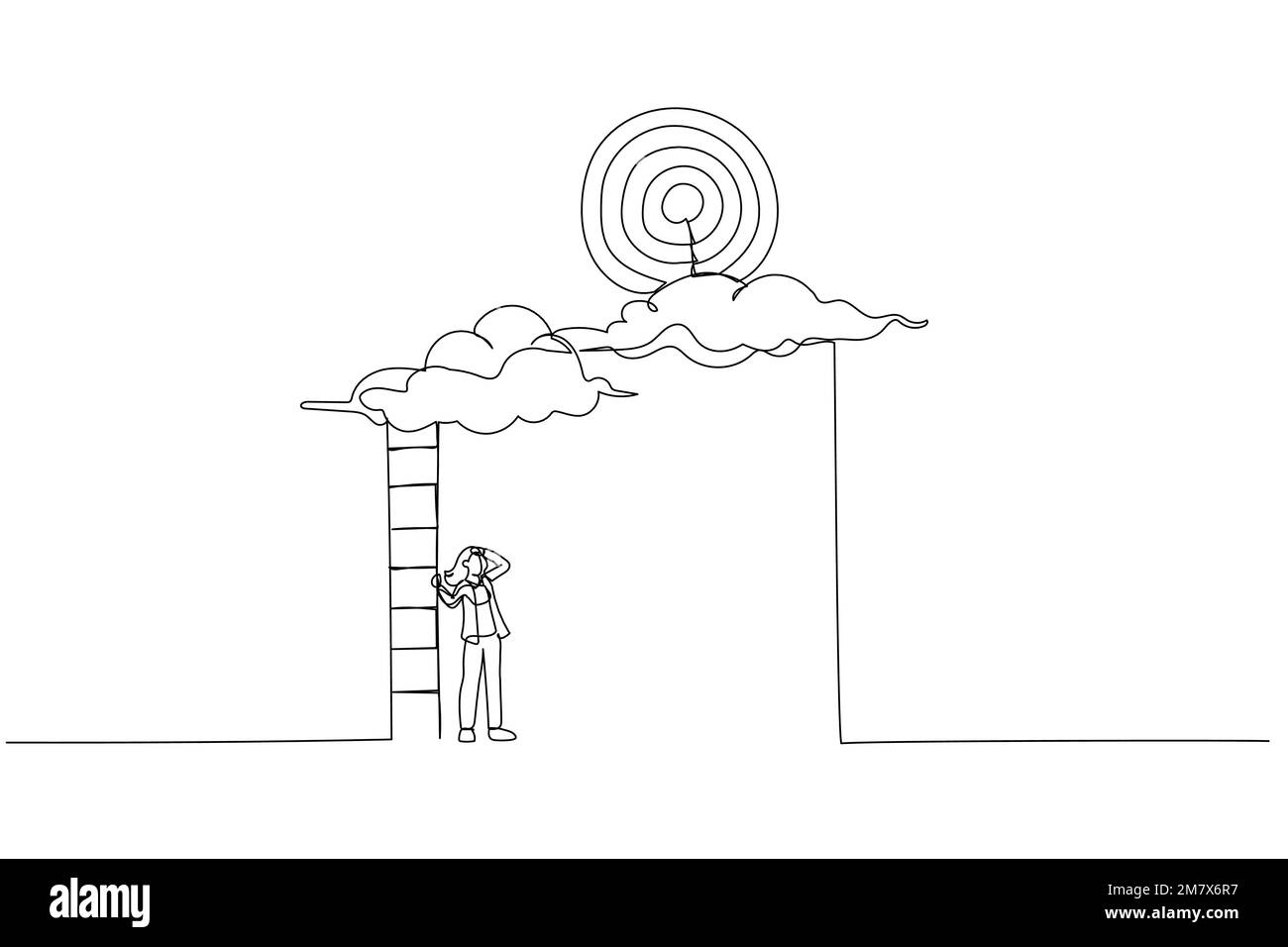 Cartoon Of Hopelessness Businesswoman With Too Short Ladder Cannot Reach Target Metaphor For