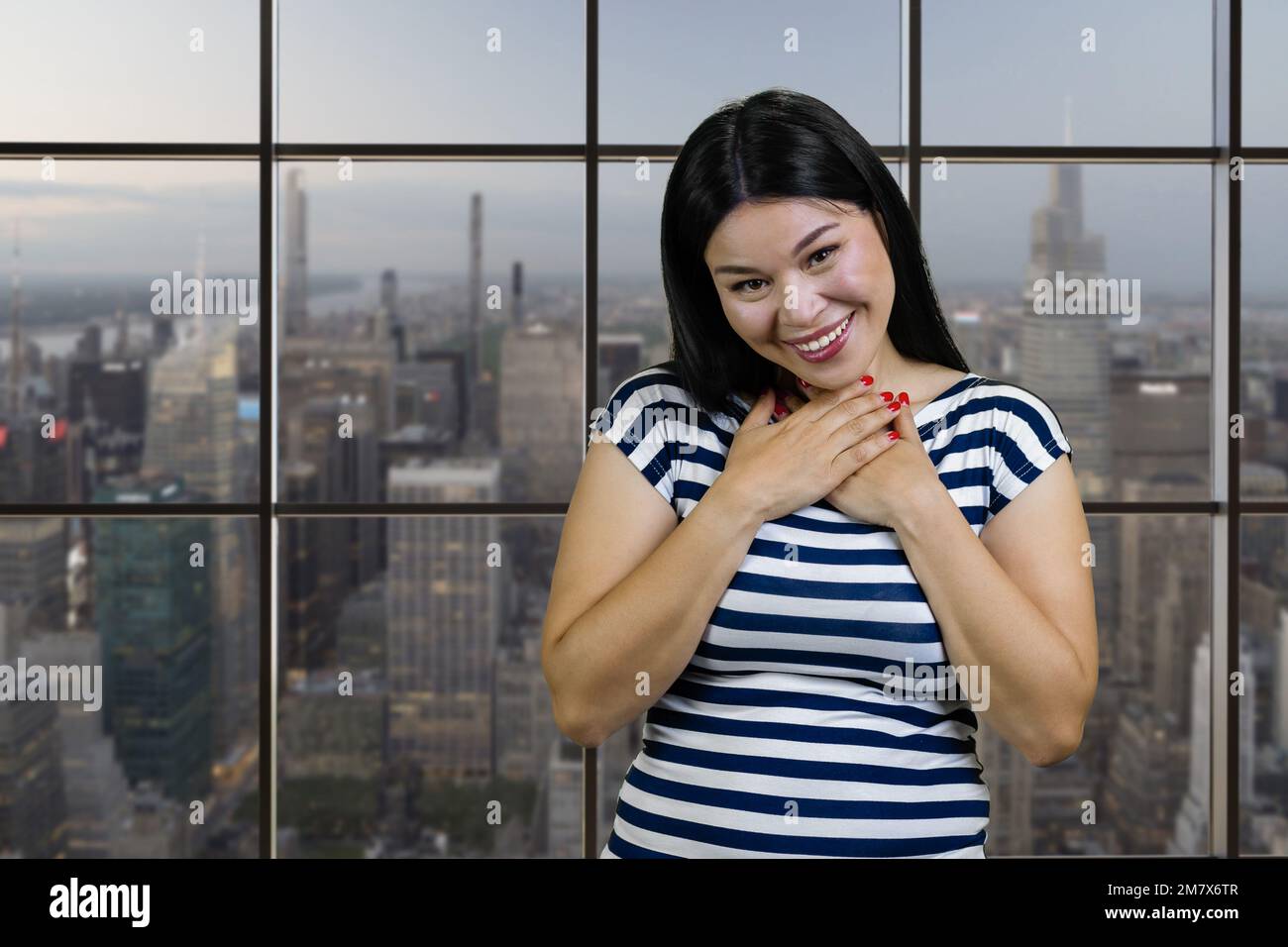 Portrait of a young asian woman is extremely pleased. Checkered windows ...
