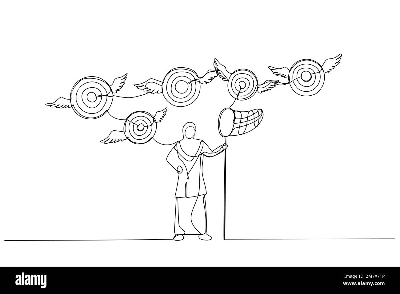 Drawing of muslim businesswoman try to catch flying target. Single ...