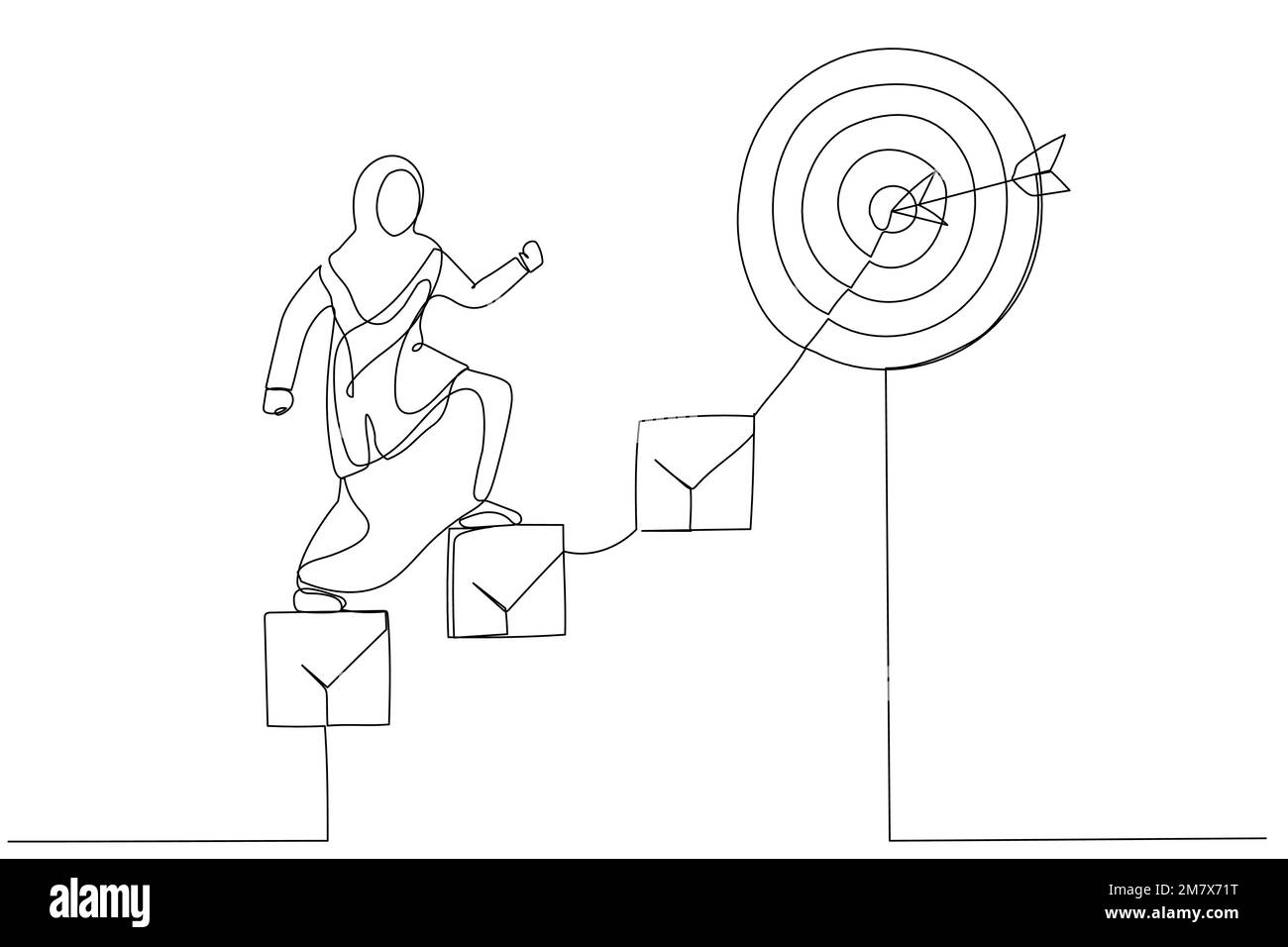 Drawing of smart muslim businesswoman walk up checklist as staircase to ...