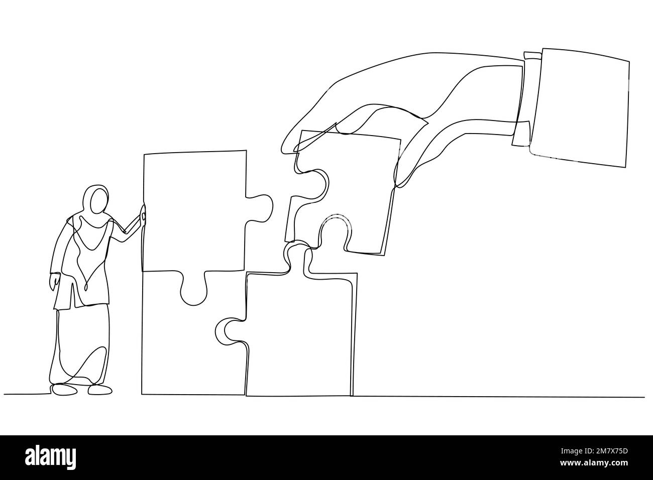 Cartoon of giant hand connect last jigsaw puzzle to office arab ...