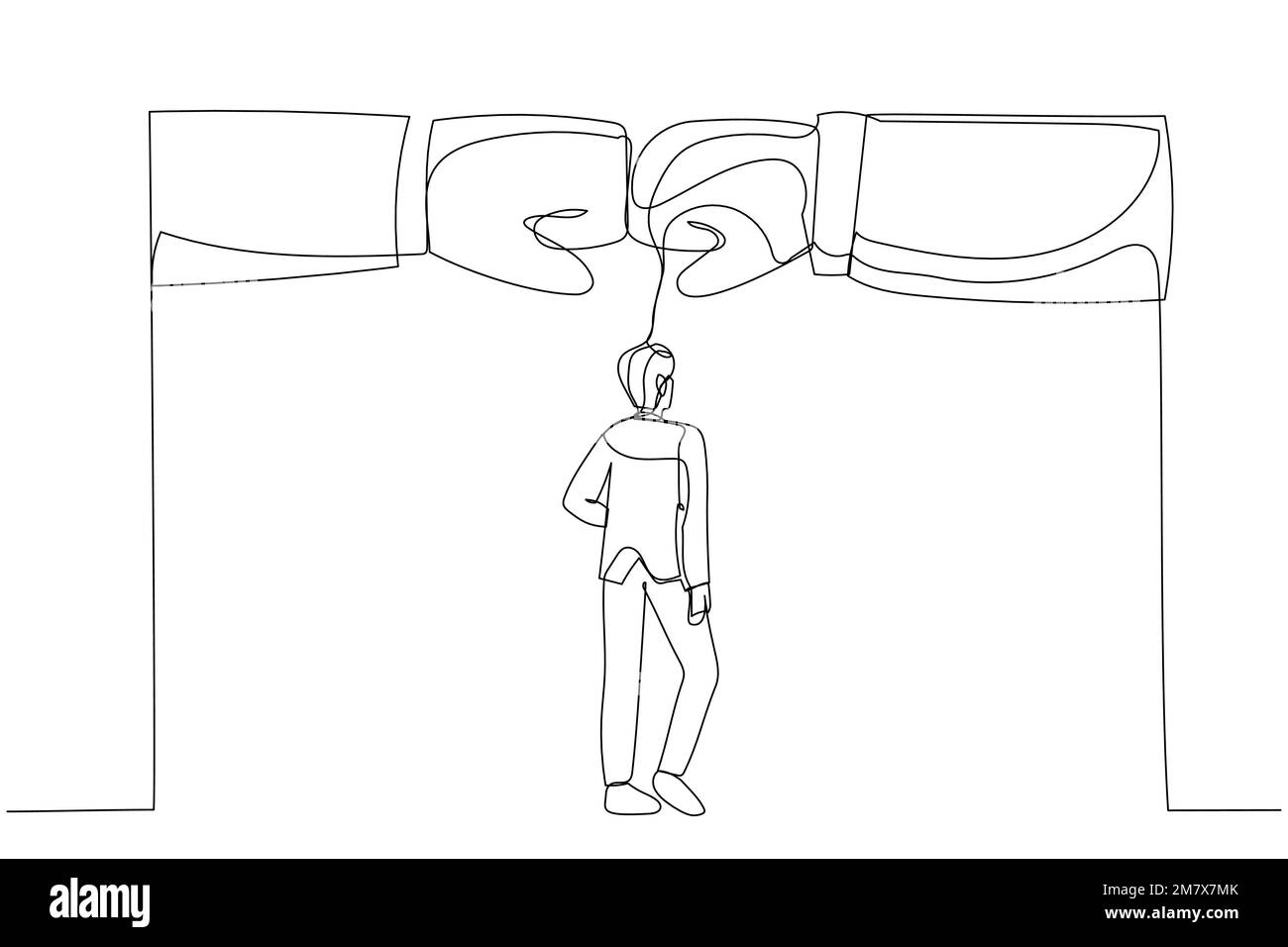 Illustration of businessman watching two giant fist clashed. One line ...
