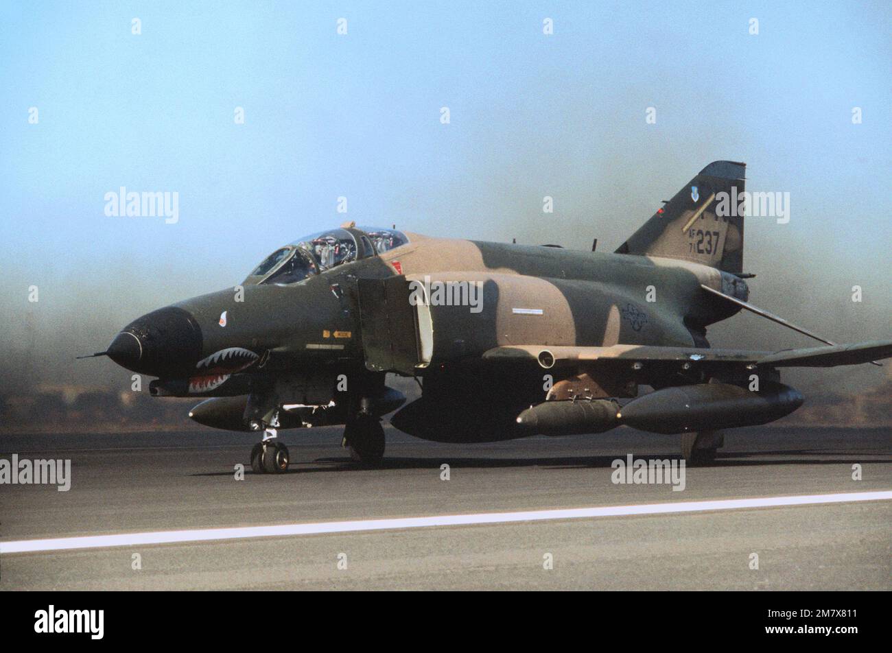 A front view of an F-4 Phantom II aircraft taxiing out during Exercise ...