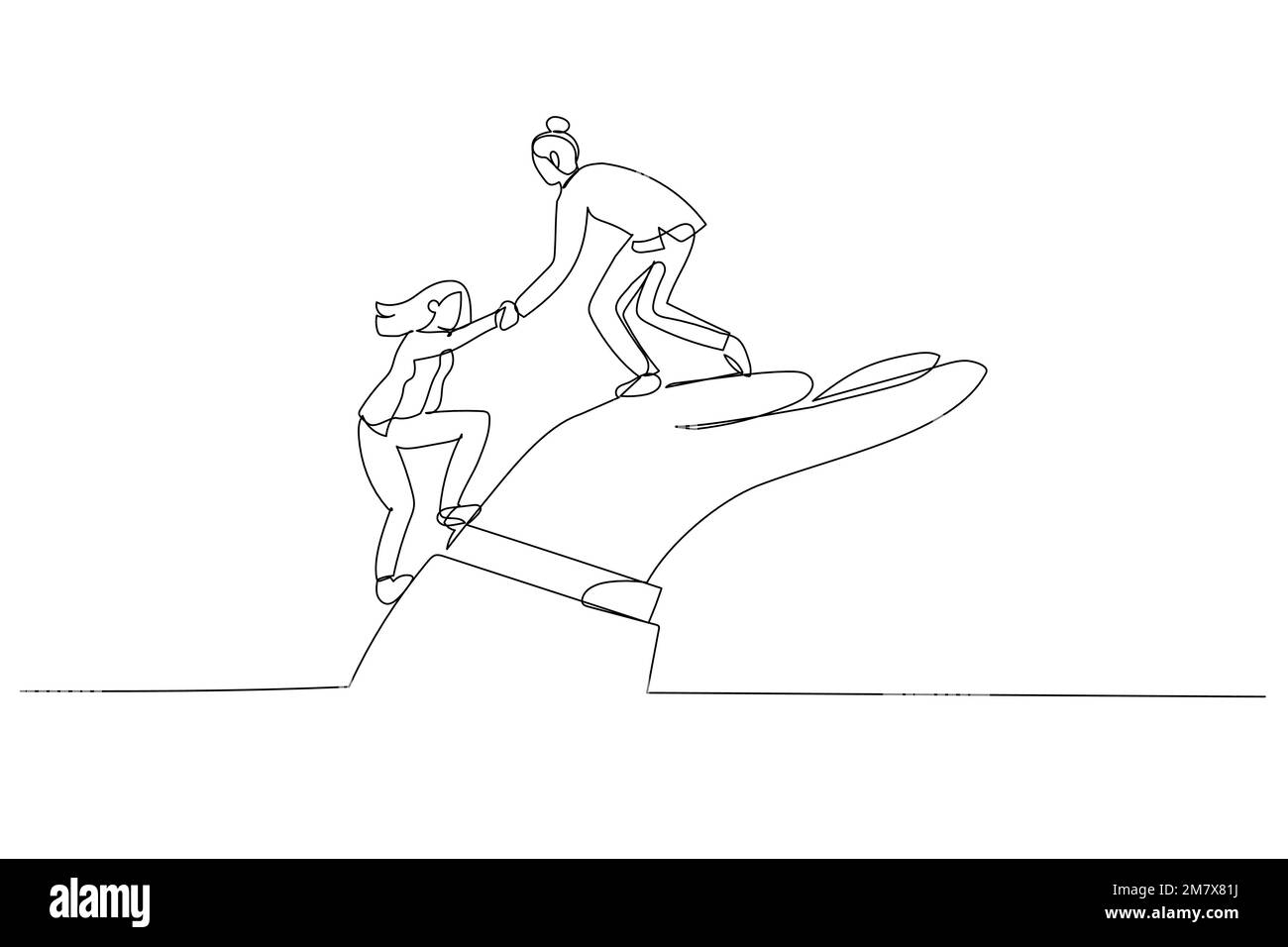 Drawing of businesswoman helps companion climb to the giant hand ...