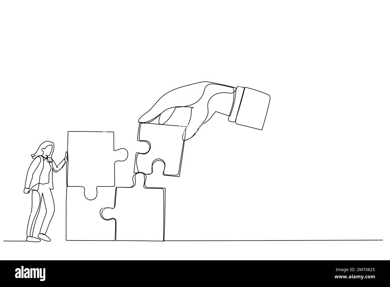 Cartoon of giant hand connect last jigsaw puzzle to office ...