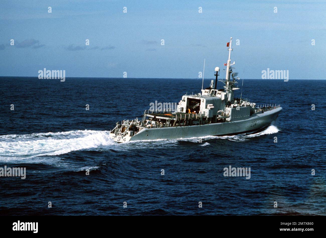 A starboard side view of the Canadian St. Laurent-class frigate ...