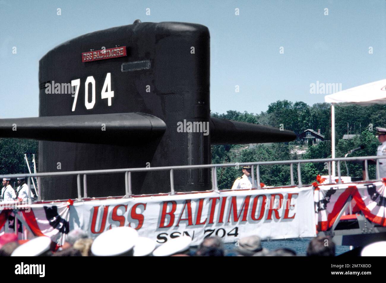 A view of the sail of the nuclear-powered attack submarine USS BALTIMORE (SSN-704), with bunting ...
