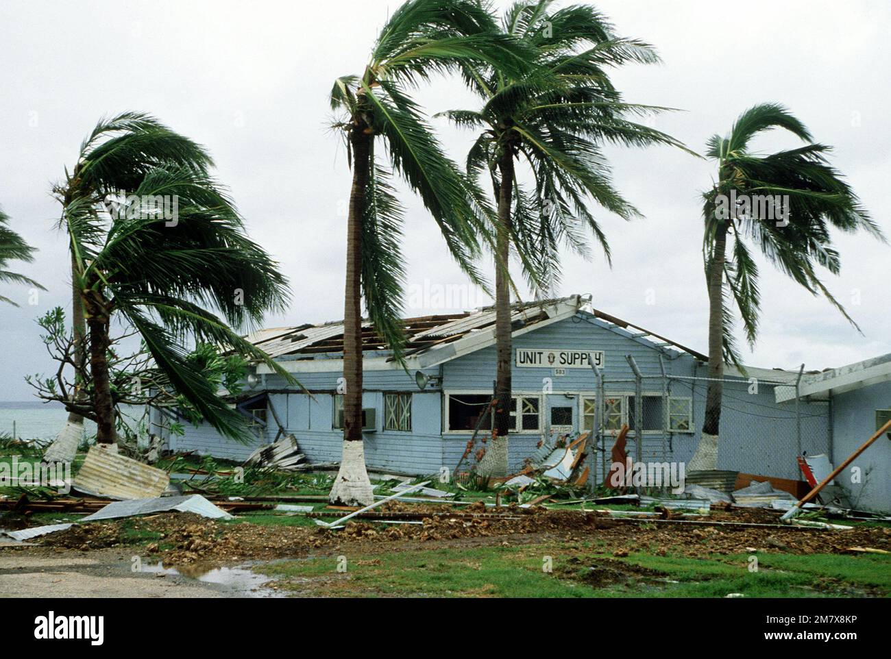 A view of the damaged roof on the unit supply building caused by ...