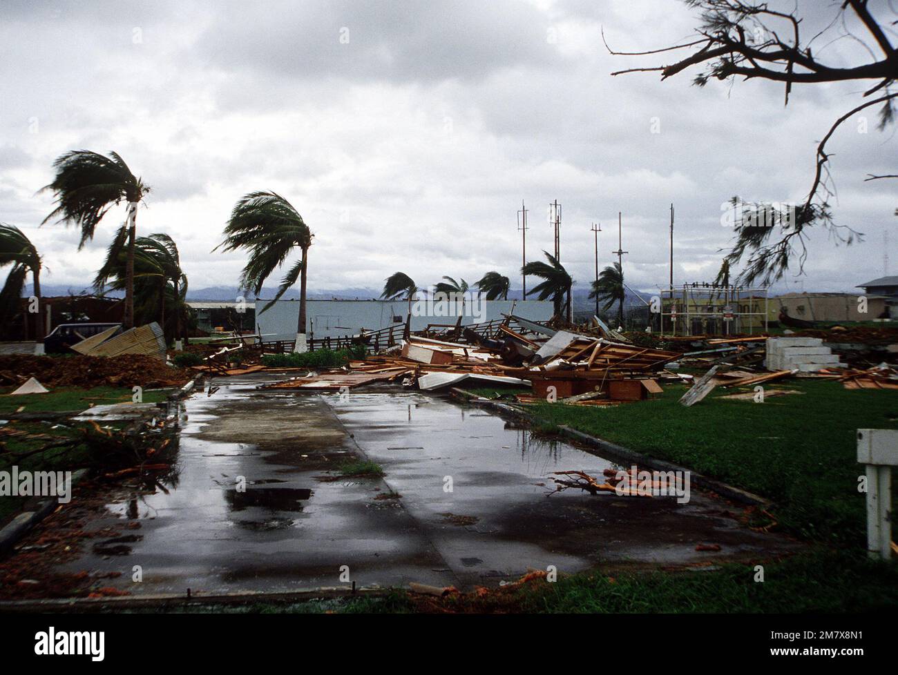A view of the damage to a group of trailers caused by Typhoon Faye ...