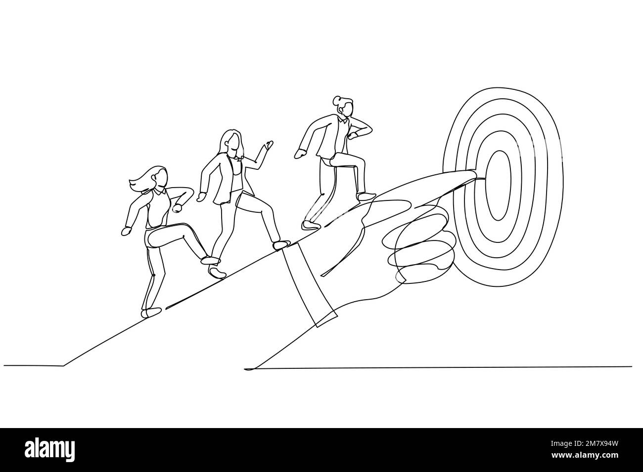 Drawing of businesswoman hand pointing to the target. Continuous line ...